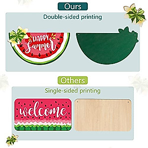 2 Pieces Watermelon Hanging Sign Watermelon Door Hanger Wood Welcome Door Sign Summer Watermelon Hanging Door Sign Plaque for Summer Front Door Wreath Home Wall Decor with Hanging Rope(Happy)