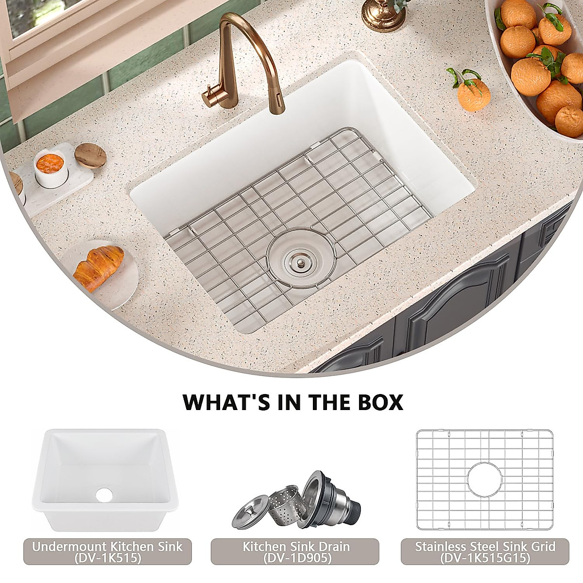 Single Bowl Drop in Kitchen Sink DeerValley DV-1K515 Glen 24" L x 18" W Fireclay Undermount Kitchen Sink White Deep Bowl Sink with Sink Grid and Basket Strainer