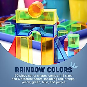 Constructive Playthings Translucent Color Building Blocks, Light Table Manipulatives, 3D Shapes for Teaching Color and Math, 50-Piece Playset, Toddler Toys for 12 Months & Up