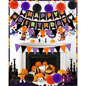 Happy Birthday Banner Halloween Birthday Party Decorations, Paper Pom Poms Triangle Flag Halloween Sign Hanging Garland Swirls Halloween Streamers for Birthday Party Supplies