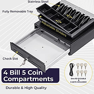 Volcora 13" Cash Register Drawer for Point of Sale (POS) System with Fully Removable 2 Tier Cash Tray, 4 Bill/5 Coin, 24V, RJ11/RJ12 Key-Lock, Double Media Slot, Small Square Money Drawer, Black