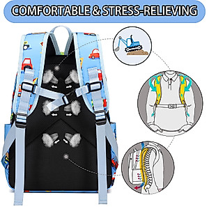 AUIVTY Preschool Backpack for Boys, Kids Backpack with Lunch Box Construction Backpack for Preschool Kindergarten Daycare and Travel, Car School Bookbag with Chest Buckle (Construction-Light Blue)