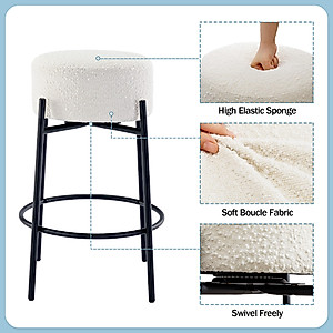Flouki Swivel Bar Stools Counter Height, Modern Backless Stools for Kitchen Counter, Boucle Fabric Island Chairs with 6.7'' Thick Cushion and Metal Base, 26 inches H, Set of 2, White