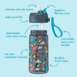 Bentgo Kids Water Bottle - Leak-Proof, Durable Tritan, BPA-Free 15 oz. Cup for Kids/Toddlers Ages 3+, Safe Sip Spout, Carrying Handle, & Dishwasher Safe for School, Sports, Daycare & Camp (Dinosaur)