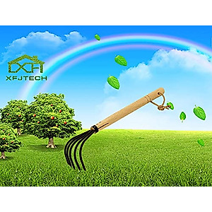 XFJTECH 15'' Garden Rake Cultivator 5 Tines Claw Soil Tiller Military Grade Steel Japanese Ninja Claw with Ergonomic Wooden Handle for Perfect Pulverized and Aerated Soil and Combing Leaves Weeding