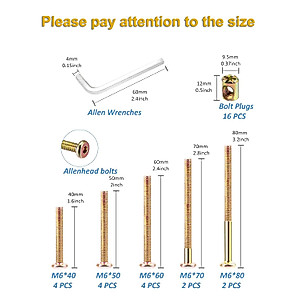 Crib Screws Hardware Replacement Kit - 16 Set Baby Bed Frame Bolts &Barrel Nuts Set, M6x40mm/ 50mm/ 60mm/ 70mm/ 80mm Hex Drive Socket Cap Screws Barrel Nuts