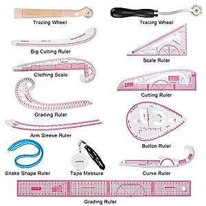 13PCS Styling Sewing French Curve Ruler Set, Dress Makers Ruler Clear Sewing Tailors Pattern Making Ruler for Fashion Design and Guides for Fabric (English Language Mark on Rulers)