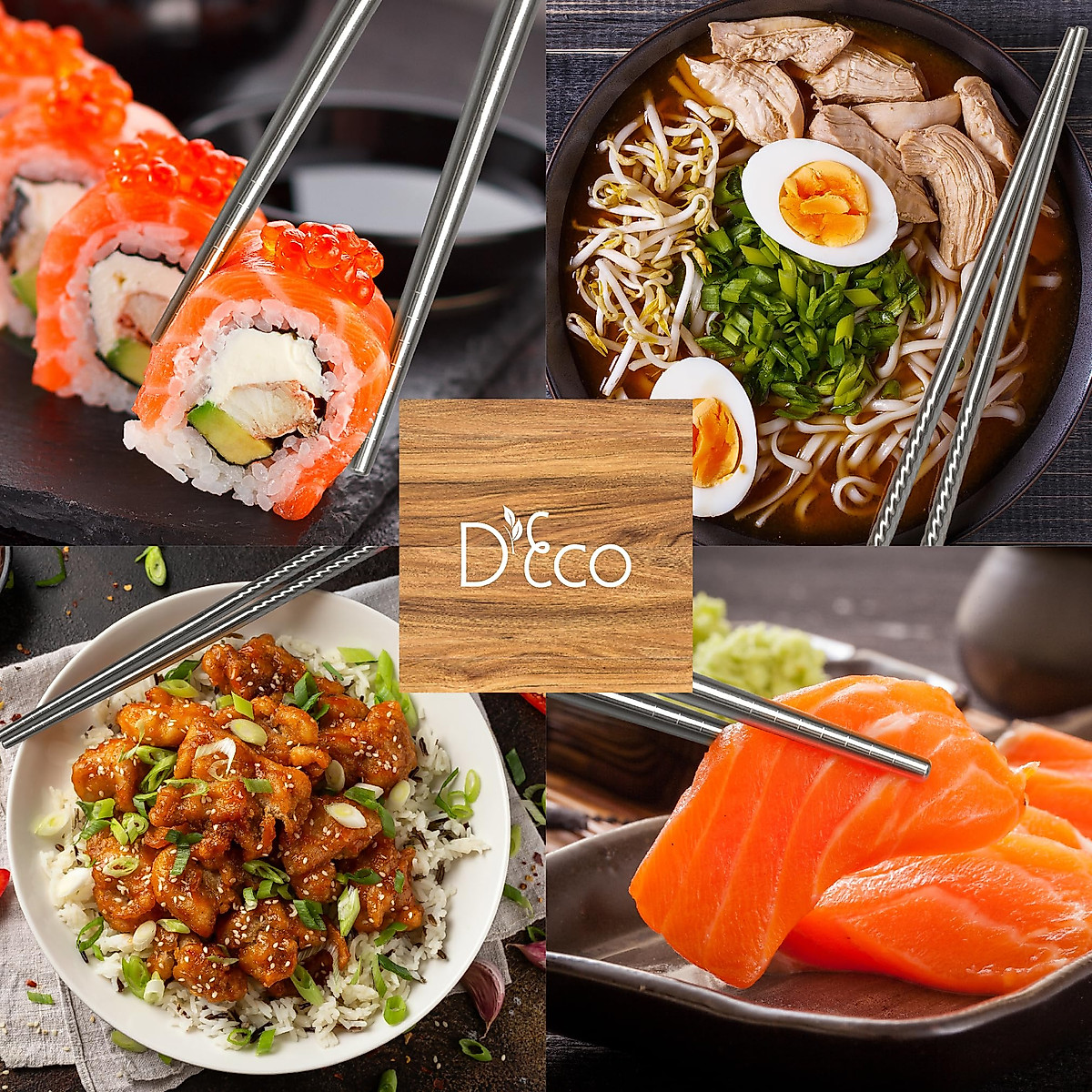 D'Eco Reusable Metal Chopsticks (4 Pairs) - Includes 4 Sets of Stainless Steel Twist Apart Silver Chopsticks & Travel Pouch - Lightweight, Durable, Dishwasher Safe - Great for Chinese Japanese Cuisine