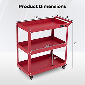 IRONMAX 3 Tier Utility Cart, Heavy Duty Steel Push Service Cart with Lockable 360 Degree Casters, 3 Shelf Tool Cart on Wheels for Garage Office Workshop Warehouse Kitchen (Red)