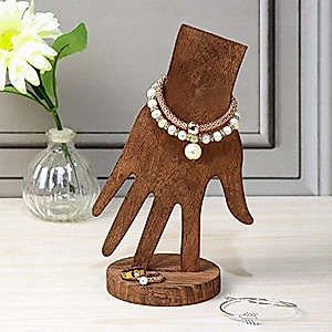 MOOCA 6-Piece Wooden Hand Form Jewelry Display Set - 2-Way Design for Wall Hanging or Standalone Mannequin Finger Hand Display, Brown Color
