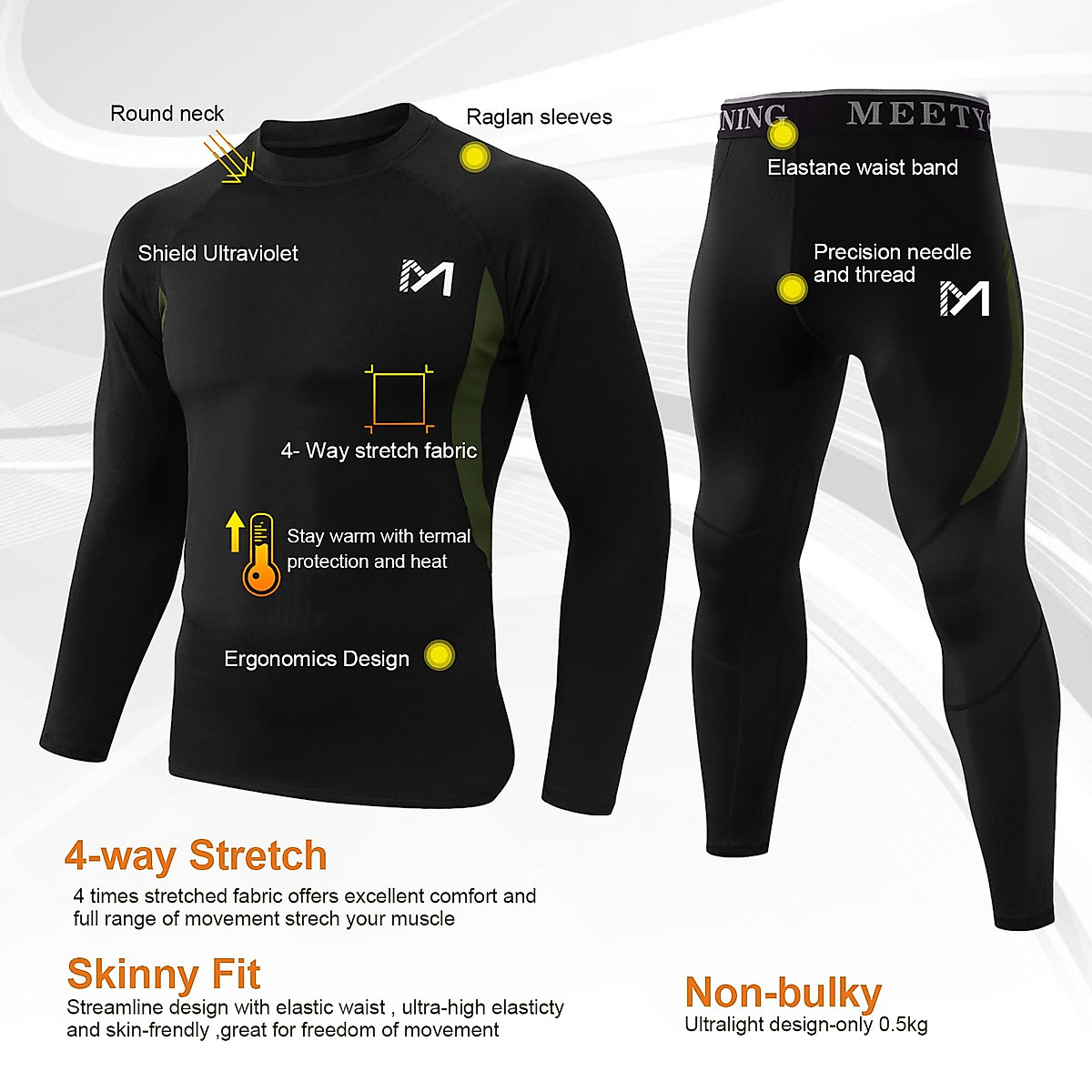 MEETYOO Thermal Underwear, Men's Base Layer,2 Sets Long Johns Lined with Hunting Gear, Black+Black, Small