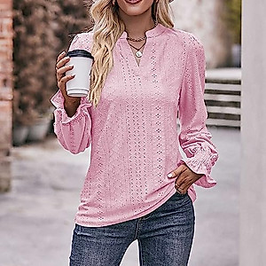 JDHUFEI Long Sleeve Shirts for Women Fashion Puff Long Sleeve Blouse V-Neck Button Up Tops Solid Color Lace Tunic Tops