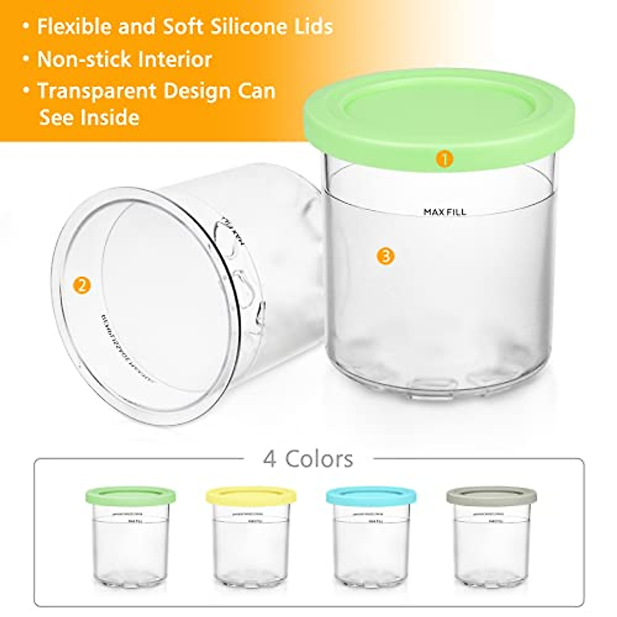 CTSZOOM Containers Replacement Ice Creami Pints and Lids, 16oz Containers Compatible with Ninja NC301 NC300 NC299AMZ Series Ice Cream Maker 4 Pack, BPA Free Dishwasher Safe Green/Grey/Blue/Yellow