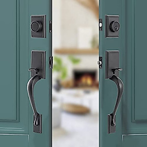 GUA OYH Double Front Door Handle Matte Black Double Door Lock Keyed Dummy Door Lock Set with Handle Lever for Front Door or Office Door (L361516-B-S118)