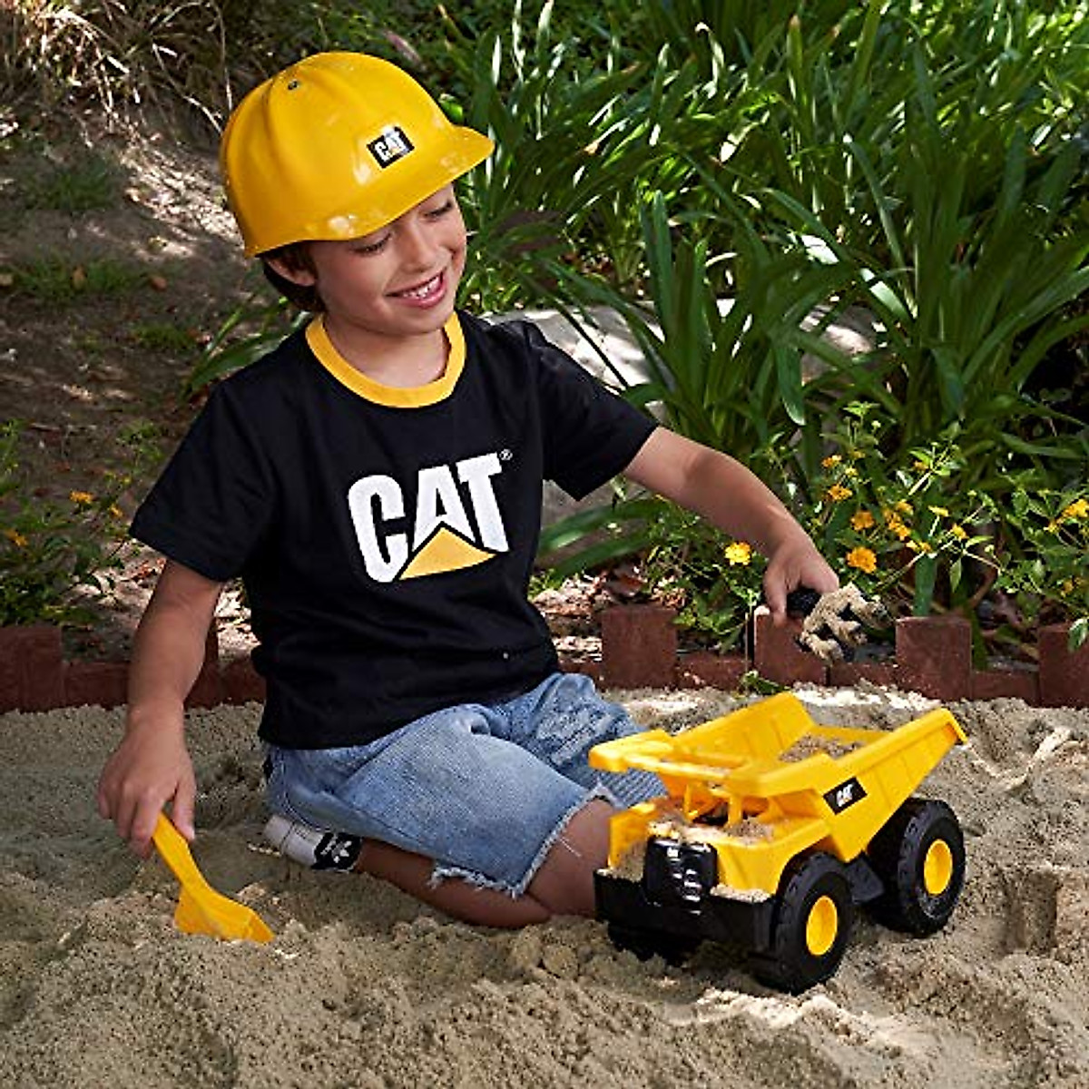 CAT Construction Toys, Dump Truck Set with CAT Hard Hat and Sand Tools, Outdoor Toys for Kids Ages 3+