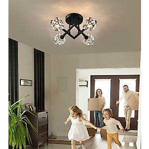 AMZASA Modern Semi Flush Mount Ceiling Light, Black Dining Room Light Fixtures,4-Lights Geometric Crystal Chandelier for Bedroom Entryway Hallway Porch Laundry Room