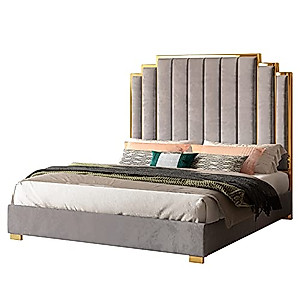 Albott King Size Platform Bed Frame, 65" Velvet Upholstered Bed with Gold Trim Headboard/Wooden Slats/No Box Spring Needed/Grey