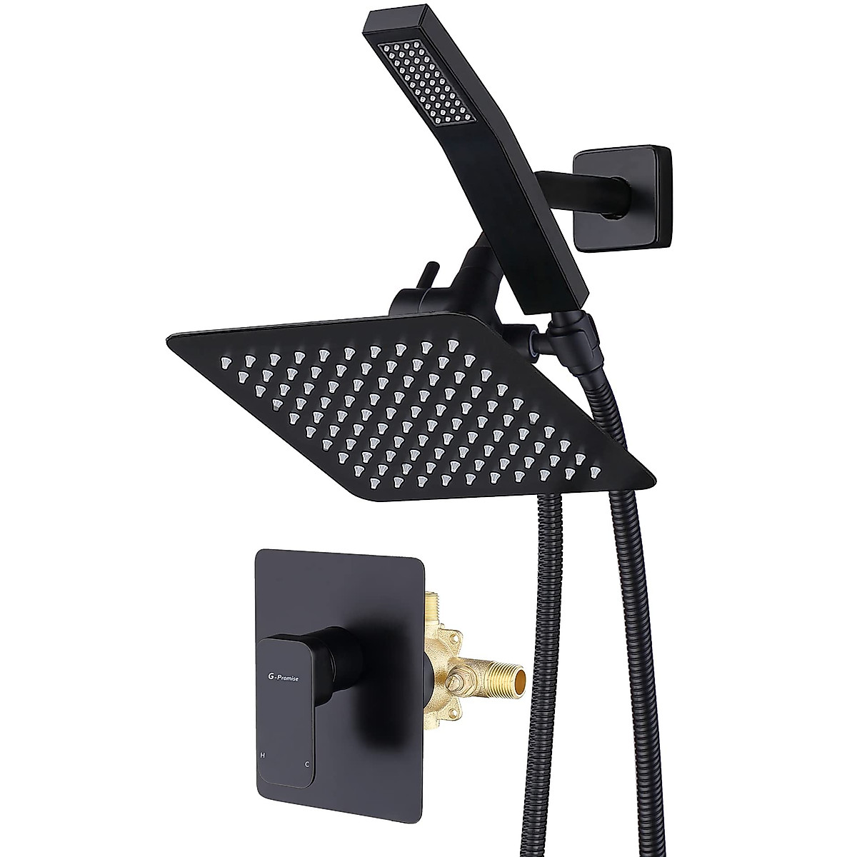 All Metal Shower Faucet Set, Dual Square Shower Head System with Handheld Wand & Rainfall Showerhead, Diverter, Hose Complete Combo, Pressure Balance Rough-in Valve Included