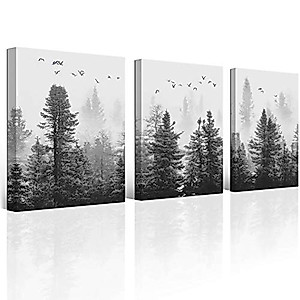 Wall art Canvas wall art Forest wall art Living room decoration black and white art Landscape wall art Gable decoration Morning fog Mountain canvas art wall Fog forest 3 panel Modern home Decoration