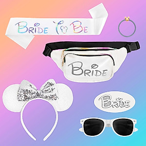 Chug Buddy Mouse Ears Set - Bride Accessories - Bachelorette Party Favors - Bride Bachelorette Outfit Accessories to Match Bachelorette Outfit for Bride - Magic Kingdom (Iridescent/White Bride, 1)