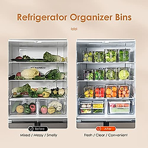 Produce Saver Containers for Refrigerator, 6.3Lx4 Organizer Bins with Lids Stackable Large Food Storage Container Sets with Drain Tray, Square Handle Food Storage Organizer Boxes, BPA Free, Set of 4