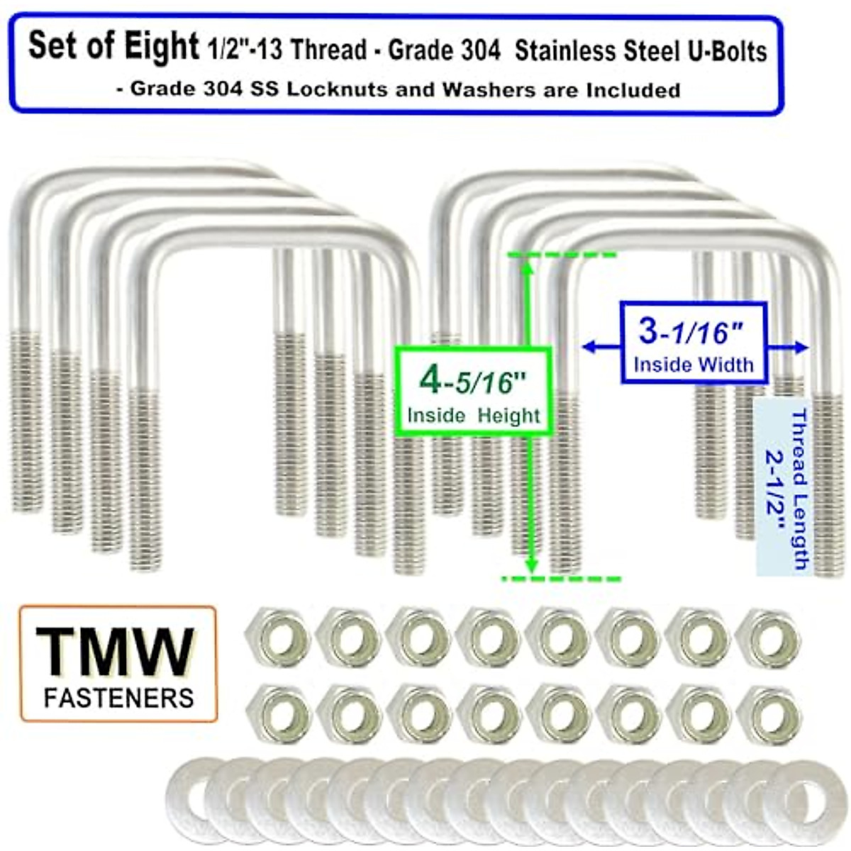 TMW - (8) 304 Stainless Steel Square U-Bolts 1/2" Diameter x 3-1/16" Inside Width x 4-5/16" Inside Height with 304 SS Lock Nuts and Washers for Boat and Utility Trailers Made in The U.S.A.