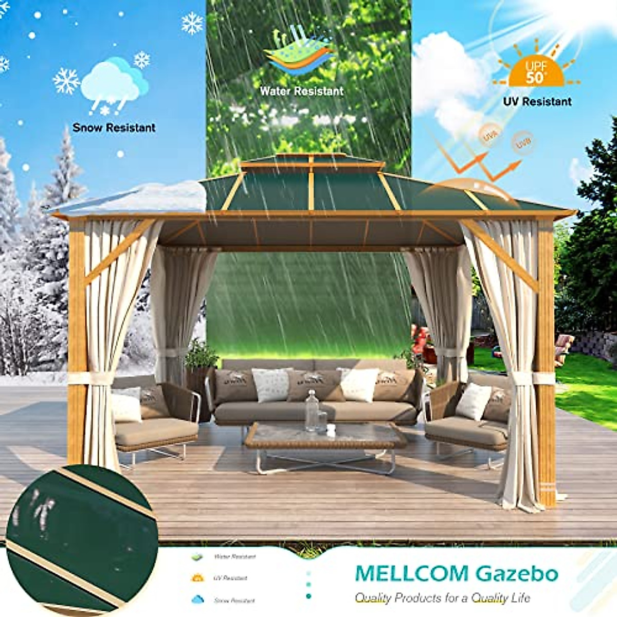 MELLCOM 10' x 12' Hardtop Gazebo, Wooden Finish Coated Aluminum Frame Outdoor Gazebo with Aluminum Double Roof, Blackish Green Metal Gazebo with Curtains and Nettings for Patios, Gardens, Lawns