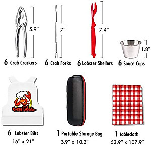 Artcome 32 Pcs Seafood Tools Set Nut Cracker Set includes 6 Crab Crackers, 6 Crab Forks/Picks, 6 Lobster Shellers, 6 Sauce Cups, 6 Lobster Bibs 1 Portable Storage Bag and 1 Plastic Tablecloth