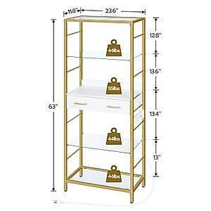 HOOBRO 5 Tier Bookcase with Charging Station, White and Gold Bookshelf with Drawer, Storage Shelves, Tempered Glass Bookshelf with Metal Frame, Open Display Shelves for Living Room, Gold DW65USJ01