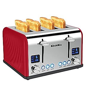 Toaster 4 Slice, KitchMix Bagel Stainless Toaster with LCD Timer, Extra Wide Slots, Dual Screen, Removal Crumb Tray (Red)