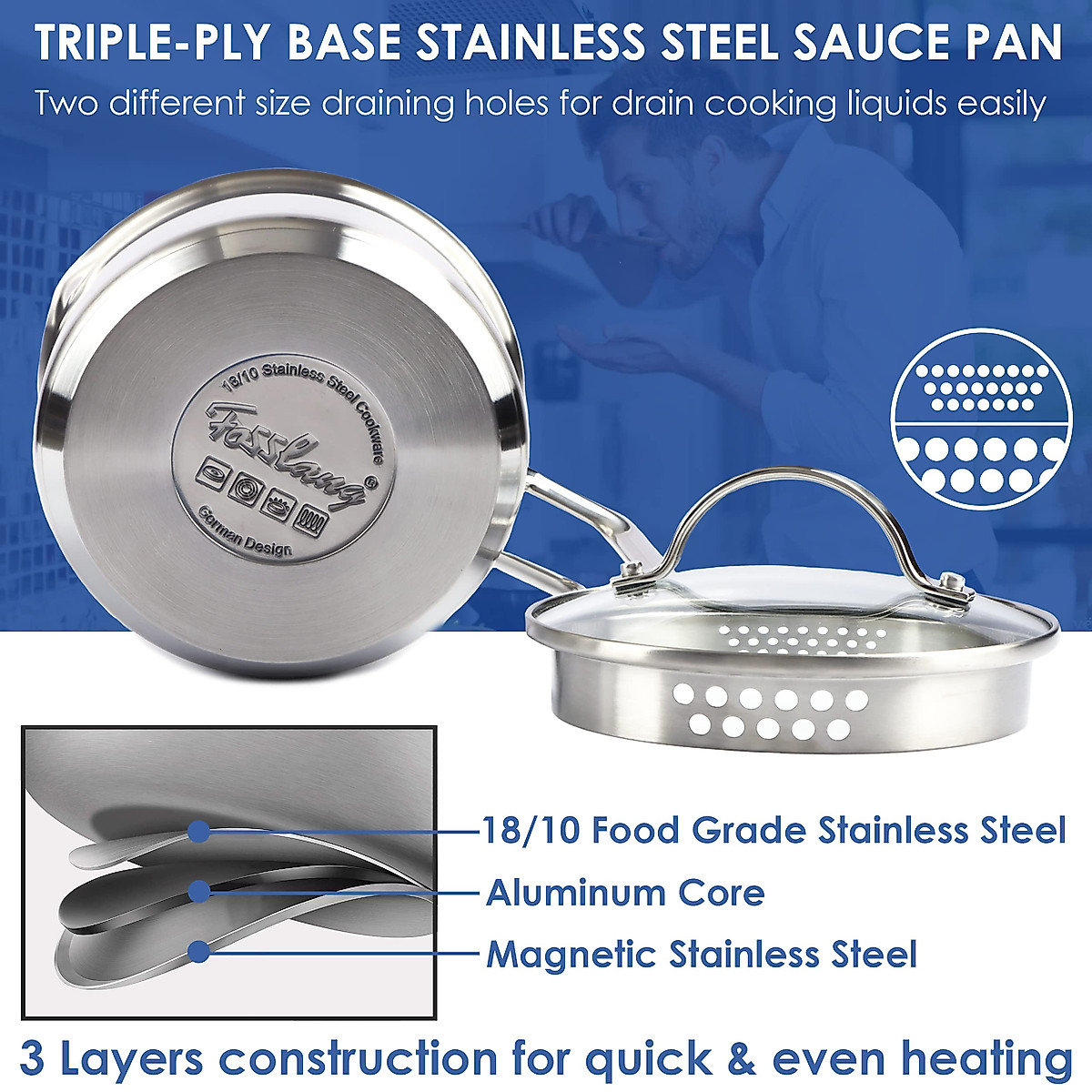 Stainless Steel Saucepan with Glass Lid, Multipurpose 1.5 Quart Sauce pan Sauce Pot with Straining Cover & Pour Spouts for Boiling Milk, Sauce, Gravies, Pasta, Noodles