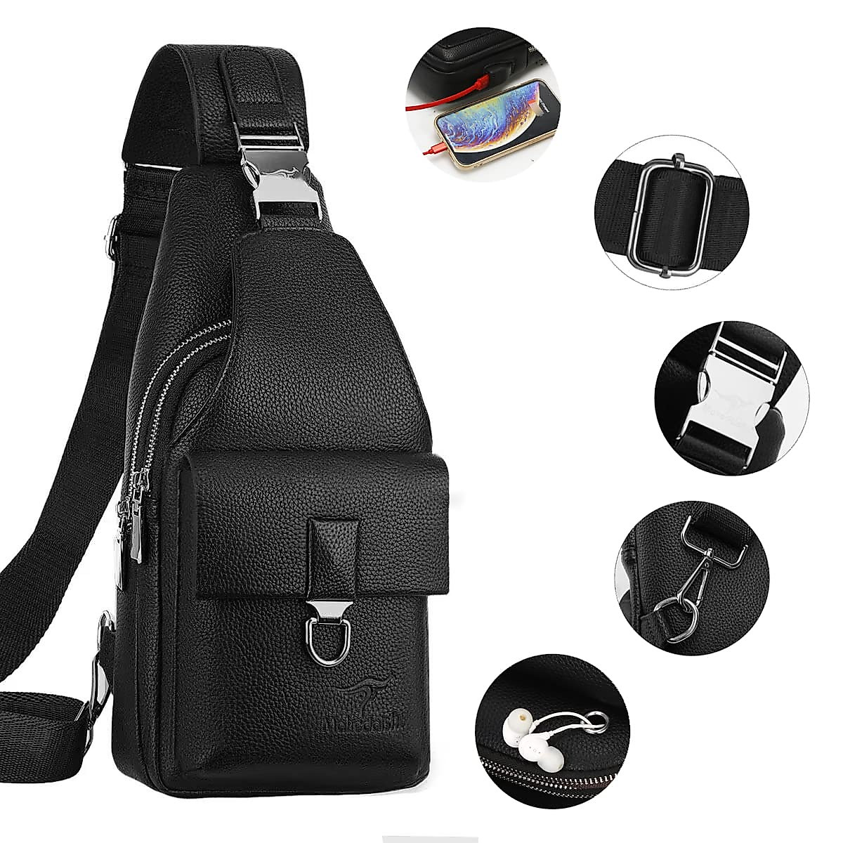 Eshow leather Sling Bag Chest Bag for Men Shoulder Bag Crossbody Backpack Casual Bag Pack Multipurpose