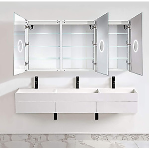 Krugg LED Medicine Cabinet 72 Inch X 36 Inch | Recessed or Surface Mount Mirror Cabinet w/Dimmer & Defogger + 3X Makeup Mirror Inside & Outlet + USB(Left Right Right)