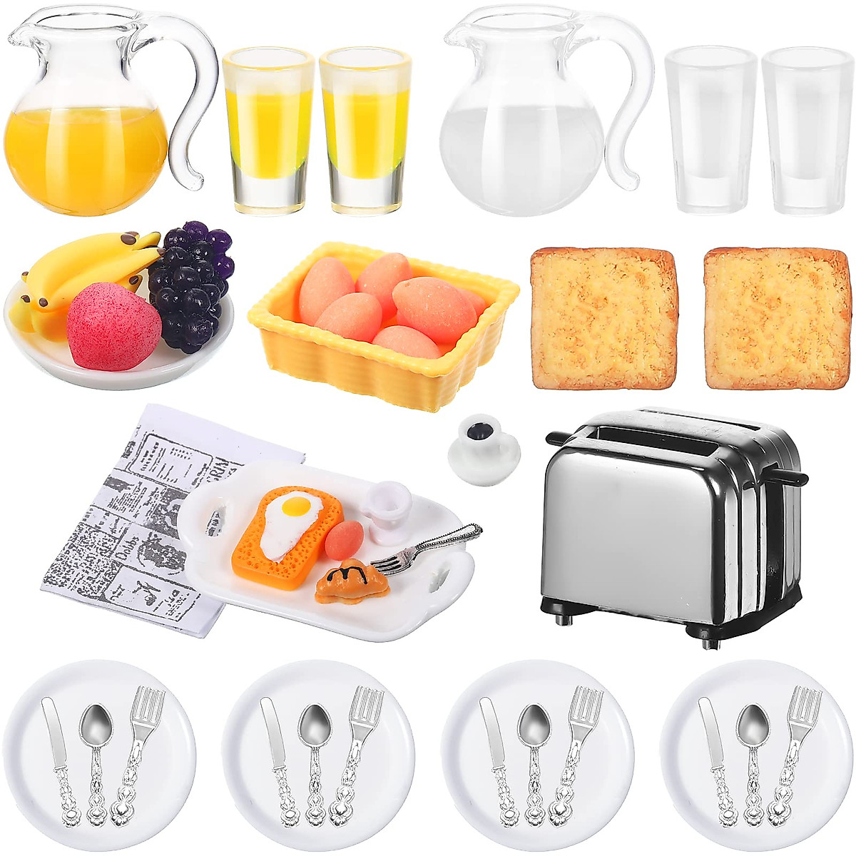 44 Pieces 1:12 Dollhouse Miniature Breakfast Kitchen Accessories Mini Toast Machine Bread Juice Milk Eggs Cups Fruits Plates Knife Fork Spoons for Dollhouse Kitchen Scene and Cake Topper Decor