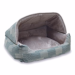 K&H Pet Products Hooded Lounge Sleeper Pet Bed Teal Patchwork Print 20 X 25 Inches