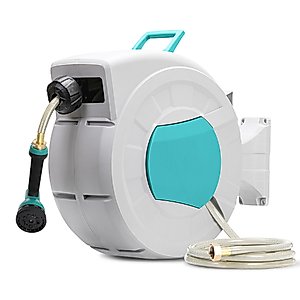 IDEALHOUSE Retractable Garden Hose Reel, 1/2 in x 100 ft Wall-mounted Hose Reel, with 9- Function Sprayer Nozzle, Any Length Lock/180° Swivel Bracket/Automatic Rewind/Slow Return System/Easy Watering