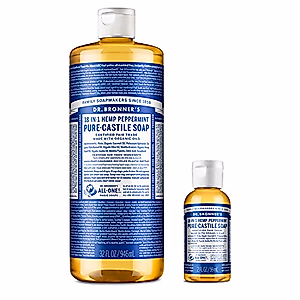 Dr. Bronner's - Pure-Castile Liquid Soap (Peppermint, 32 ounce and 2oz bundle) - Made with Organic Oils, 18-in-1 Uses: Face, Body, Hair, Laundry, Pets and Dishes, Concentrated, Vegan, Non-GMO