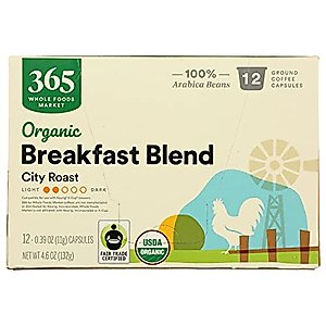 365 by Whole Foods Market, Coffee Breakfast Blend City Roast Pods Organic 12 Count, 4.6 Ounce (Packaging May Vary)