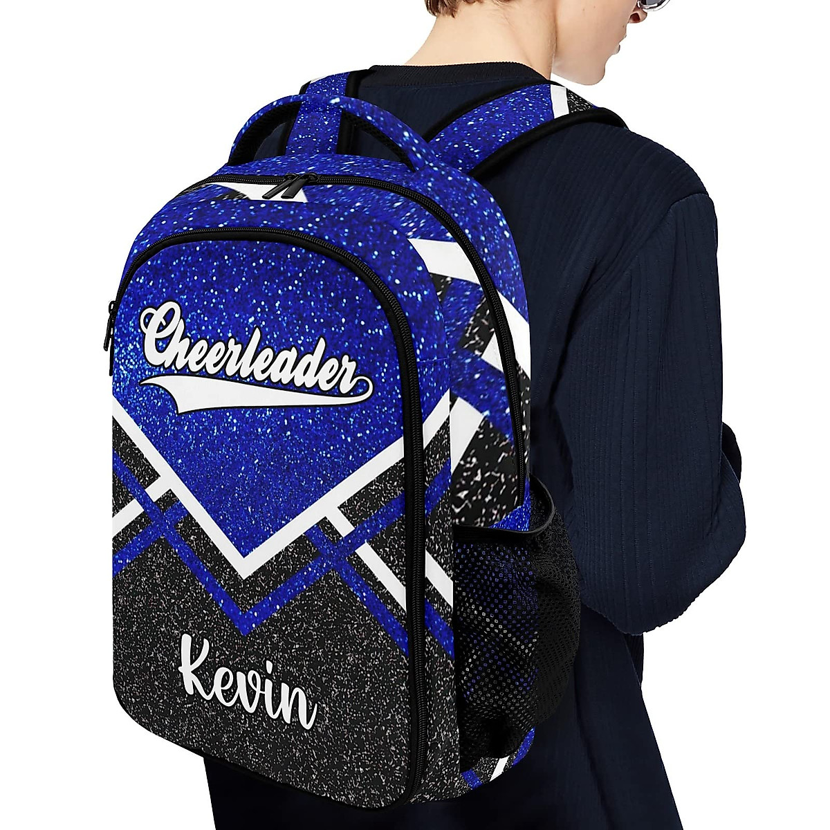 XOZOTY Bling Print Blue Cheerleader Cheer Backpack Personalized with Name for Men Women Shoulder Bag Laptop Bag Bookbag