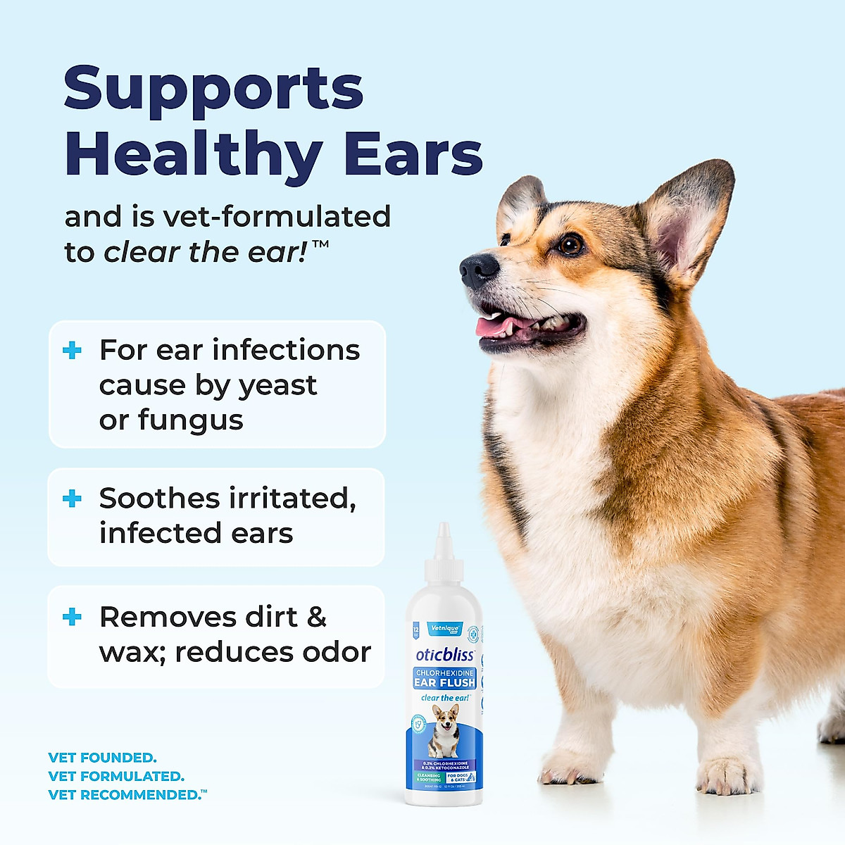 Vetnique Oticbliss Medicated Dog Ear Infection Treatment, Antiseptic Ear Cleaner for Cat & Dog Ear Cleaning Solution with Chlorhexidine & Ketoconazole (12oz Flush)