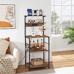 HOOBRO Bakers Rack with Power Outlet, 5-Tiers Microwave Stand with Storage, Kitchen Rack Storage Shelf with 4 S-Shaped Hooks, Coffee Bar, for Kitchen, Living Room, Rustic Brown and Black BF12UHB01