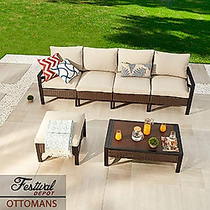 Festival Depot Patio Ottoman Footstool Outdoor Furniture with Wicker Rattan, X Shape Slatted Steel Frame Foot Rest with Premium Fabric Soft Cushion Square for Garden Yard Lawn All-Weather