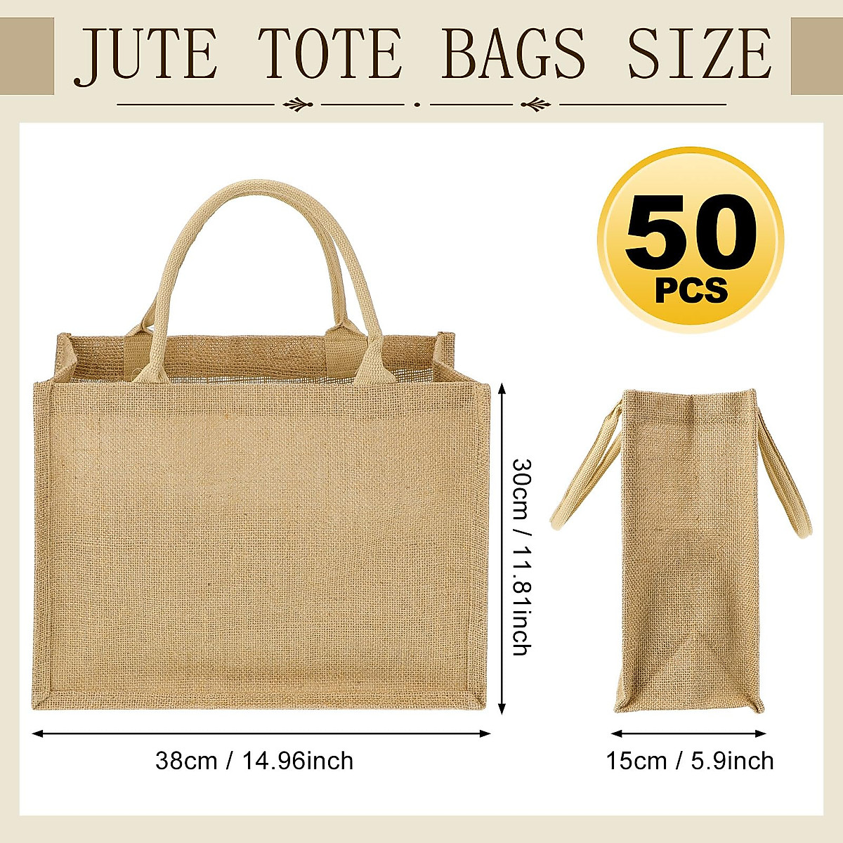 Sanwuta 50 Pcs Burlap Tote Bag Bulk Jute Tote Bags with Laminated Reusable Summer Tote Blank for Mother Teacher DIY Bridesmaid Wedding Shopping Beach, 14.96 x 11.81 x 5.91 Inch