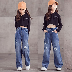 YaYatree Fashion Kids Girls Ripped Distressed Washed Wide Leg Casual Jeans Size 4-13 yrs (Blue Solid, 10-11 Years)