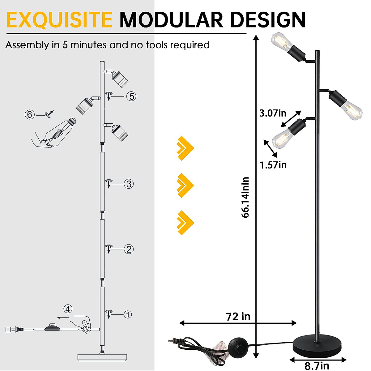 Bricosmocon Industrial Floor Lamp, Standing Lamp, Tree Floor Lamp with 3 Adjustable Rotating Lights, E26 Edison Bulb Floor Lamp for Living Room, Bedroom, Home, Office(Bulb not Included) (Black)