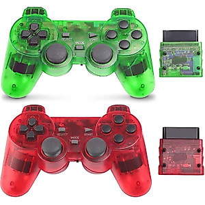 Rzzhgzq PS2 Wireless Controller 2.4G Play -Station 2 Gamepad 2 Pack Dual Vibration Compatible with Sony Play -station 2 Console (Red+Green)