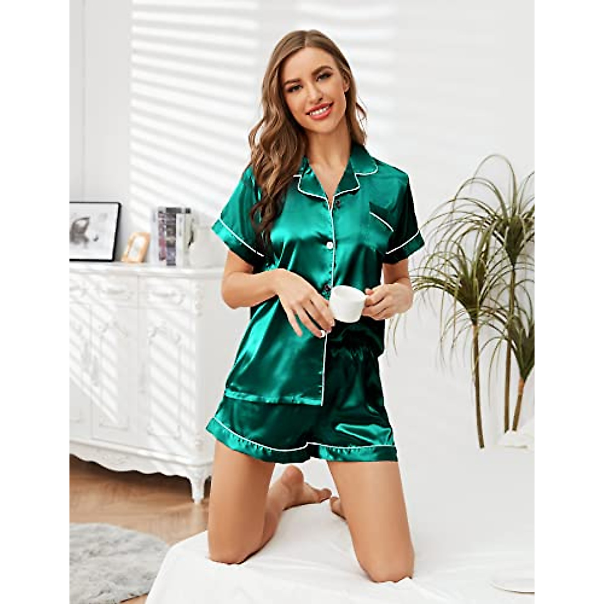 QLVKYW Women's Loungewear Sets Silk Sexy V Neck Button Down Satin Bridal Sleepwear Soft Shorts Pajama Set Green