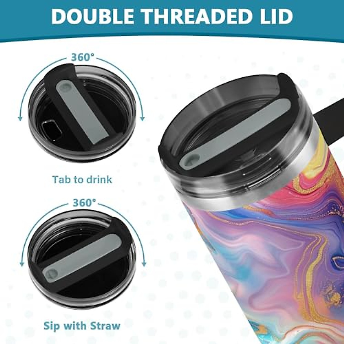 FRCSDIY Colored Marble Insulated Tumbler with Handle and Straw Lid,30oz Leakproof Stainless Steel Cup BPA-Free Water Bottle