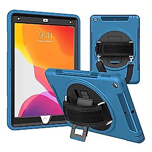 iPad Air (Air 1) Case Heavy Duty 9.7 with Screen Protector - Hand Strap,Shoulder Strap, Hardback, 360 Rotatable Kickstand, Shockproof - A1474 A1475 MD785LL/A (Blue)