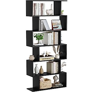 Yusong Bookshelf 6-Tier, Geometric Bookcase S Shaped Book Shelves for Bedroom, Modern Wood Decorative Display Shelf Tall Book Case for Home Office, Black